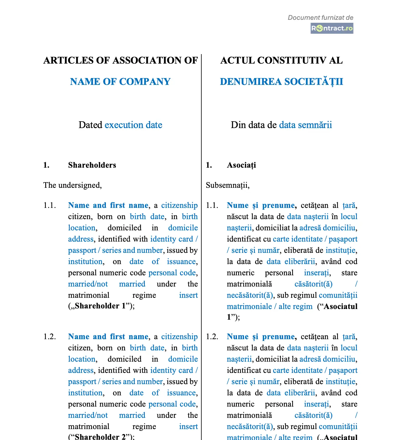 Act constitutiv firmă - model bilingv