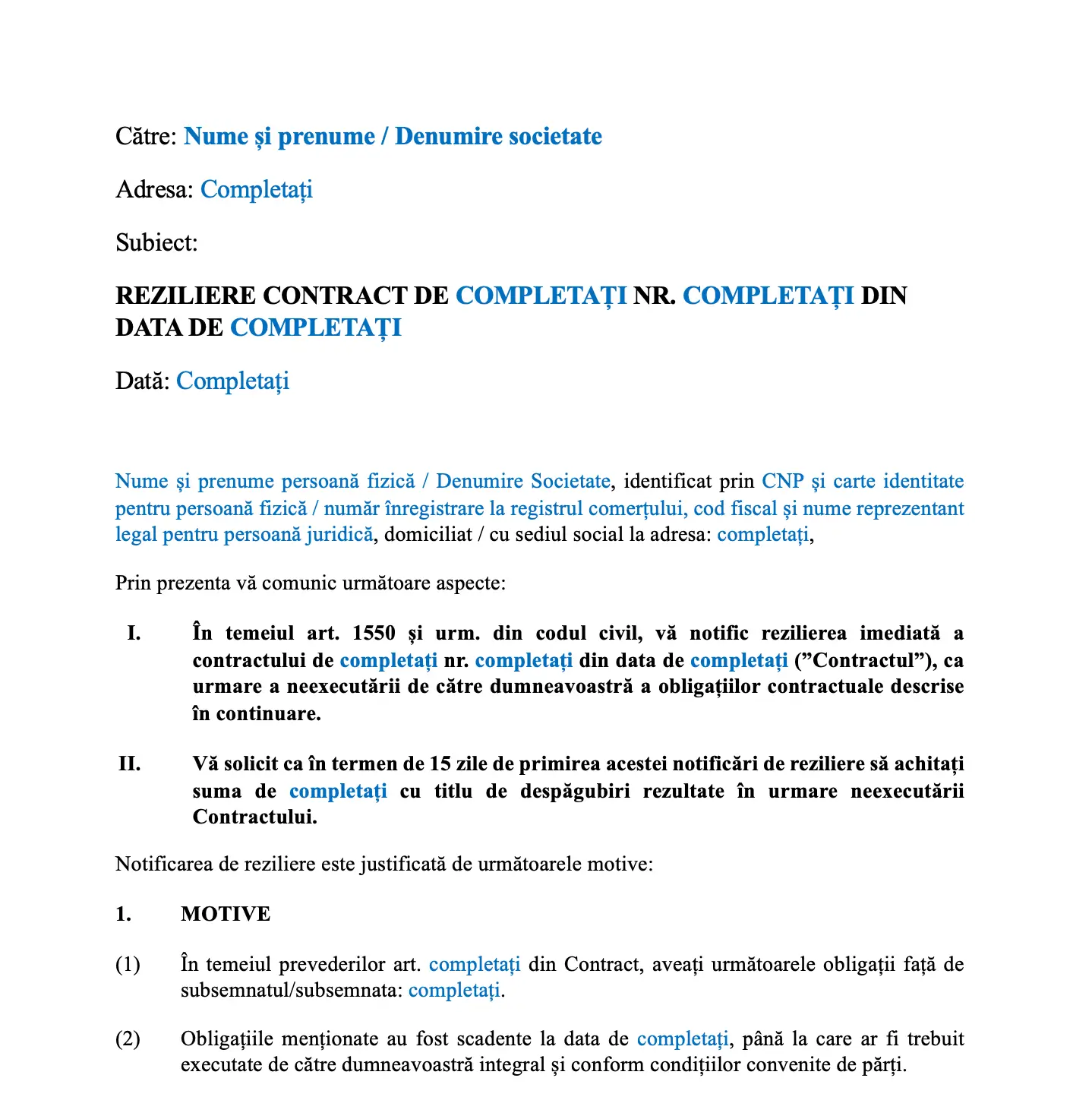 Notificare de reziliere contract - Rontract